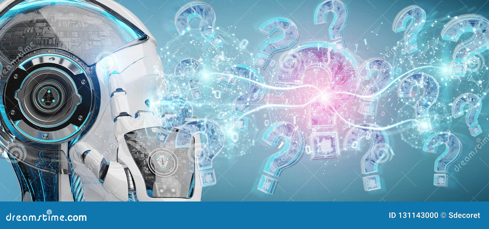 Cyborg Solving Problem with Digital Question Marks 3D Rendering Stock Illustration ...