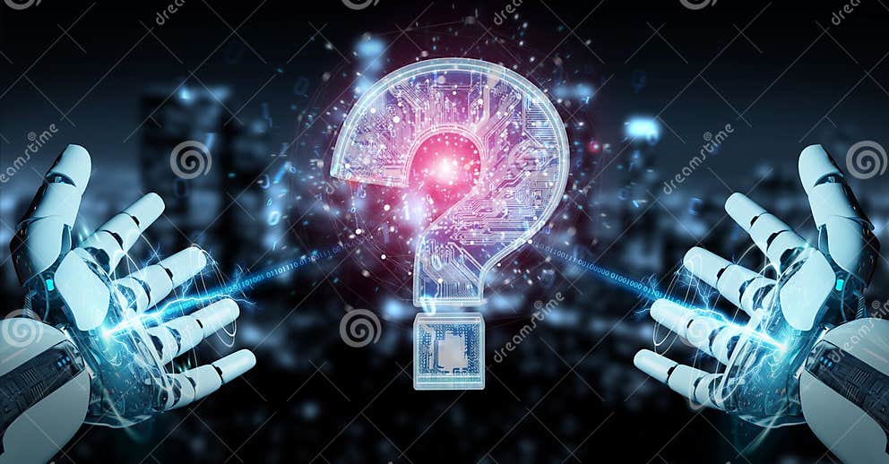 Cyborg Solving Problem with Digital Question Marks 3D Rendering Stock Illustration ...