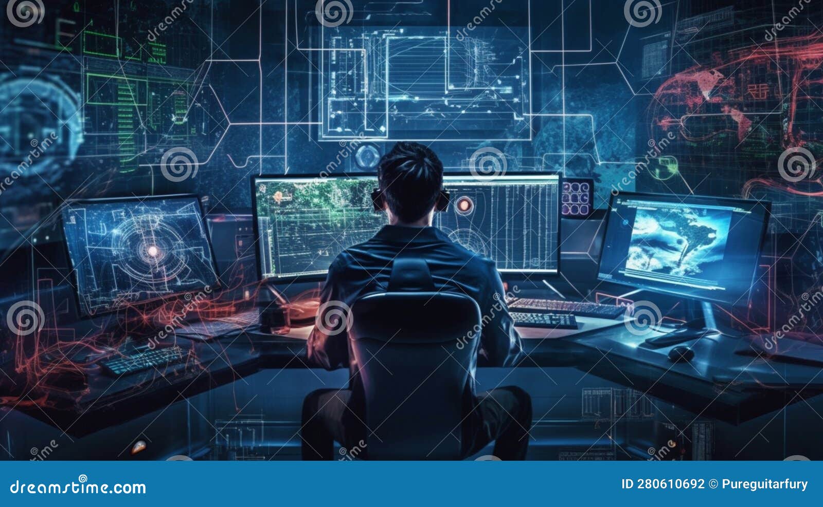 Cyborg Computer Security Specialist Robot In Headphones With Multiple ...