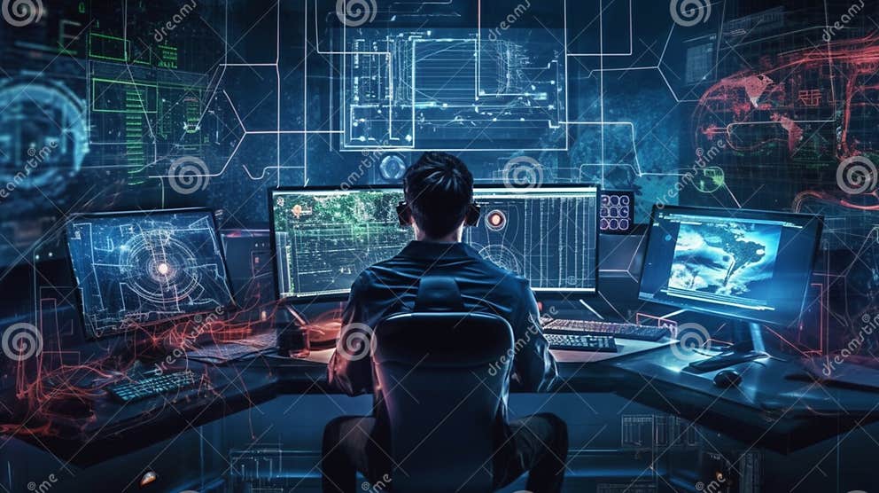 Cyborg Computer Security Specialist Hacker with Multiple Screens Stock Illustration ...