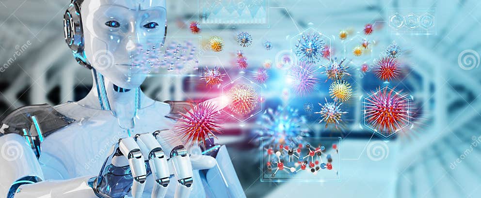 Cyborg Creating and Analyzing Nanovirus 3D Rendering Stock Illustration ...