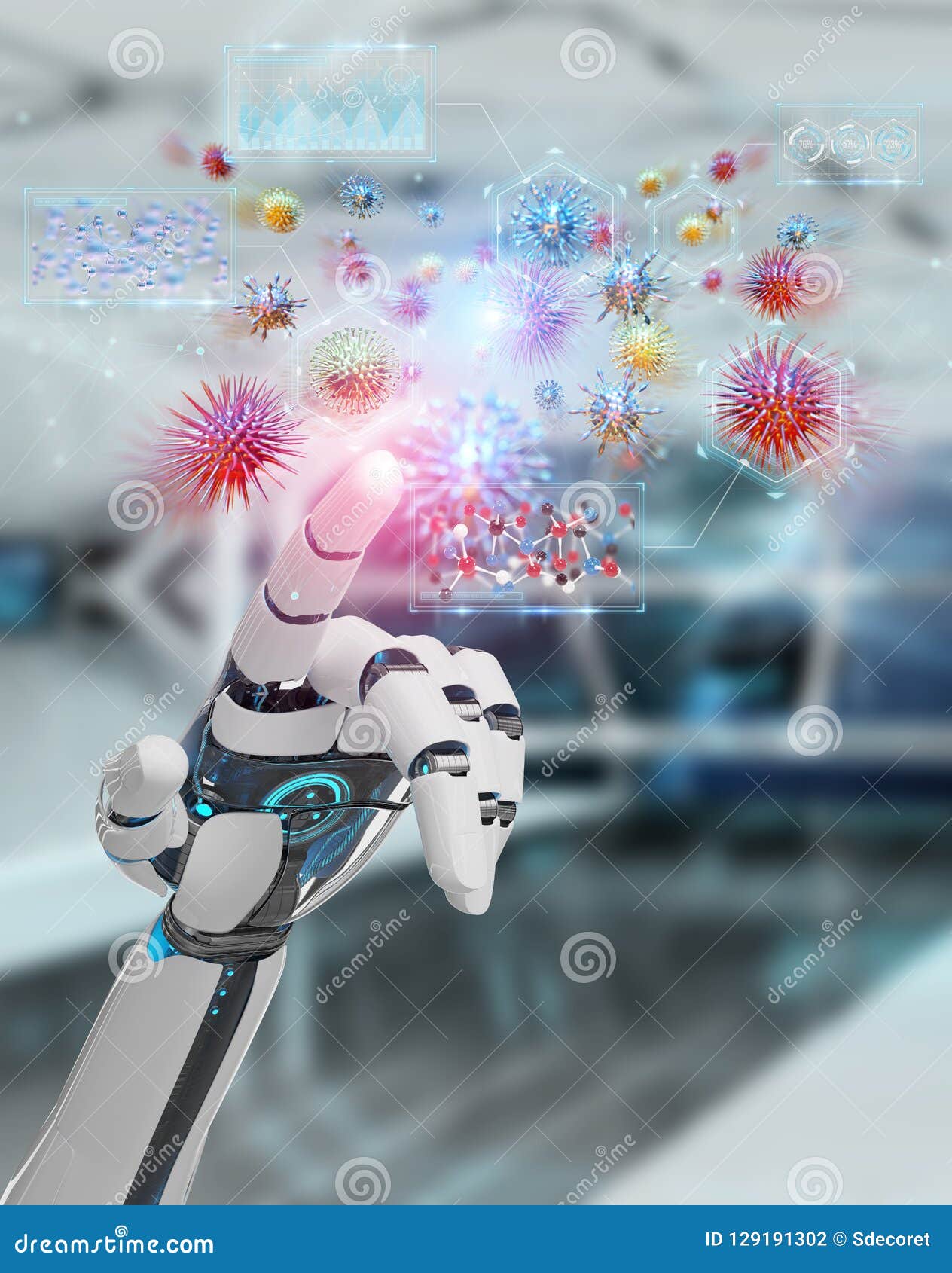 Cyborg Creating and Analyzing Nanovirus 3D Rendering Stock Illustration ...