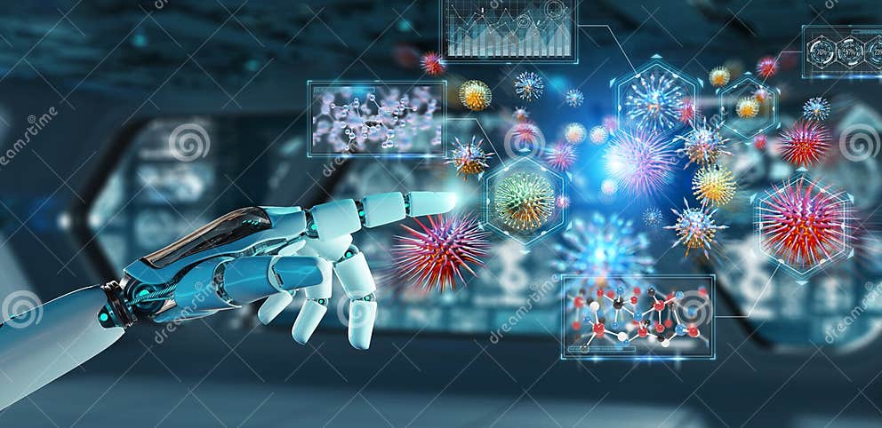 Cyborg Creating and Analyzing Nanovirus 3D Rendering Stock Illustration ...