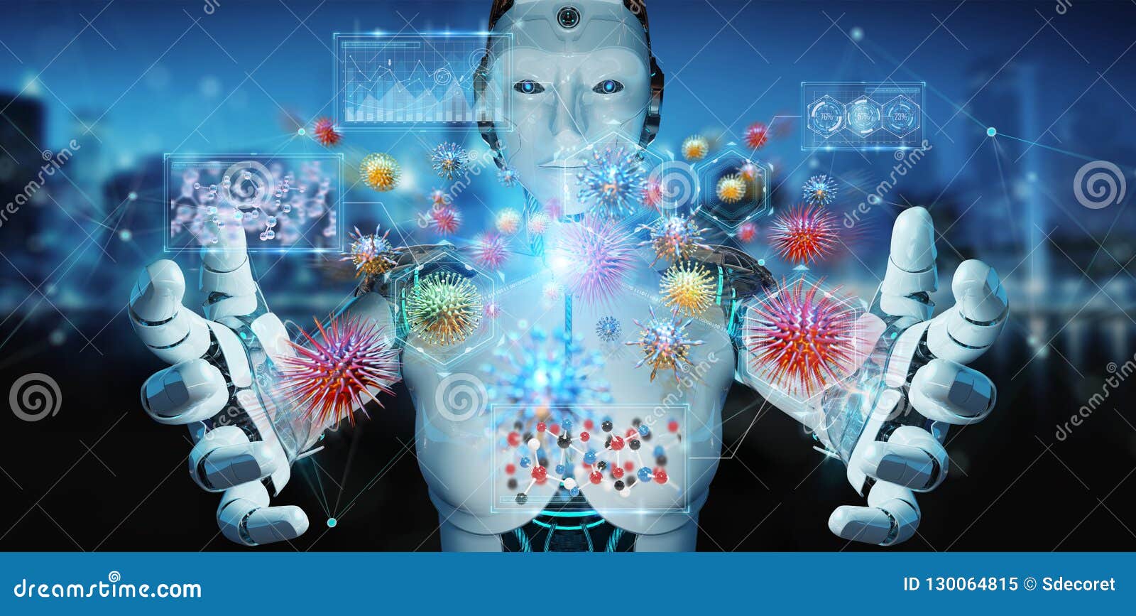 Cyborg Creating and Analyzing Nanovirus 3D Rendering Stock Illustration ...