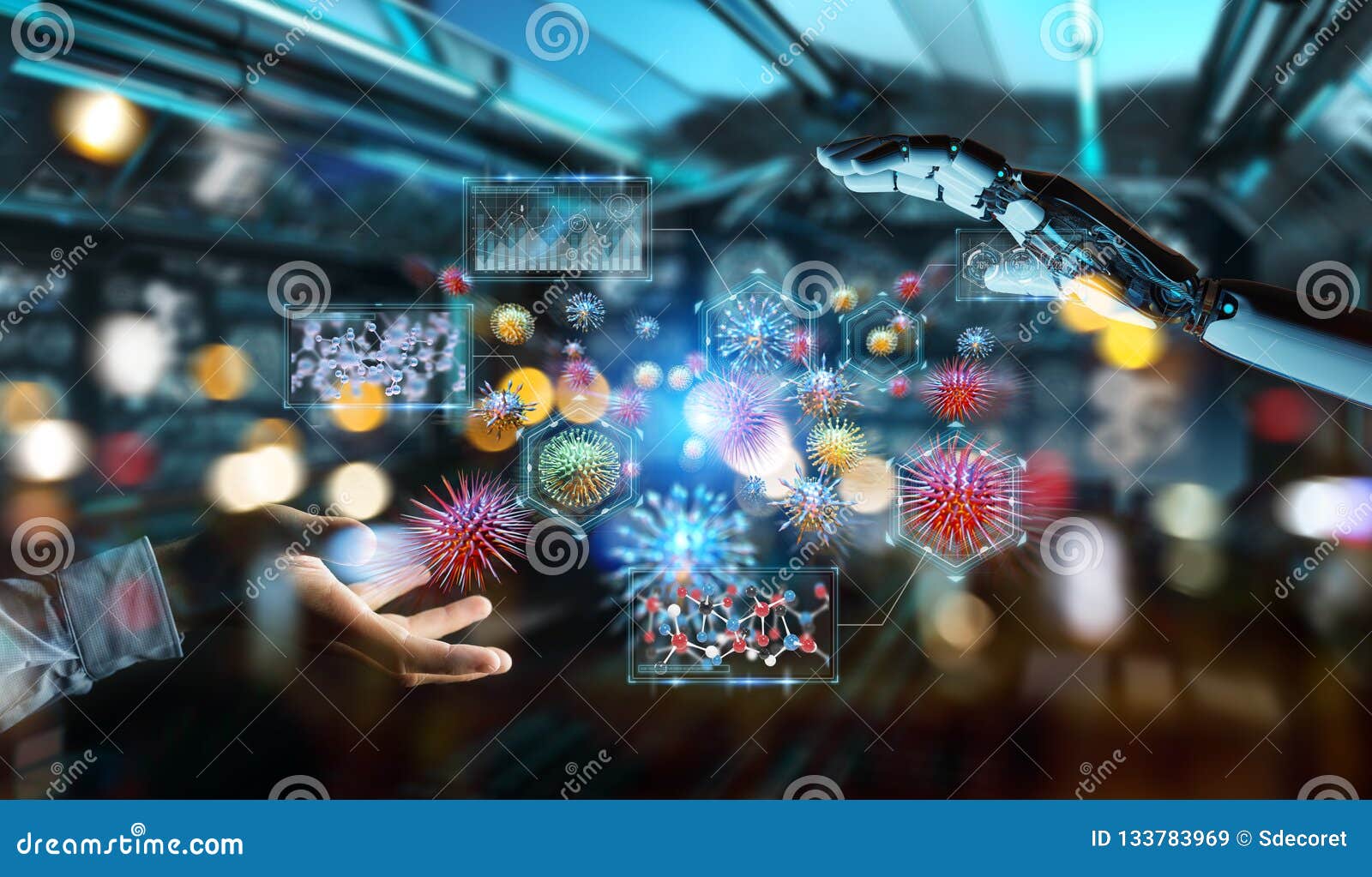 Cyborg Creating and Analyzing Nanovirus 3D Rendering Stock Illustration ...