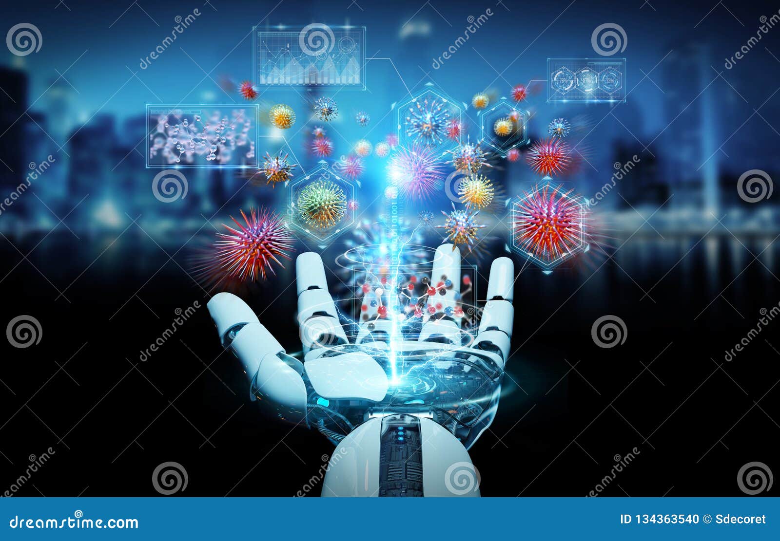 Cyborg Creating and Analyzing Nanovirus 3D Rendering Stock Illustration ...