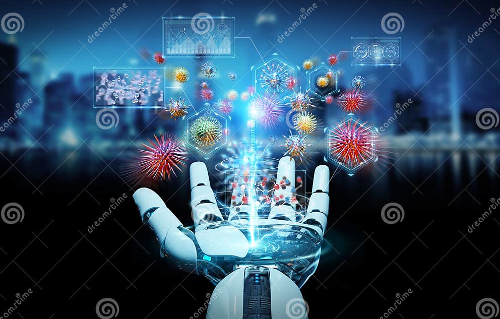 Cyborg Creating and Analyzing Nanovirus 3D Rendering Stock Illustration ...