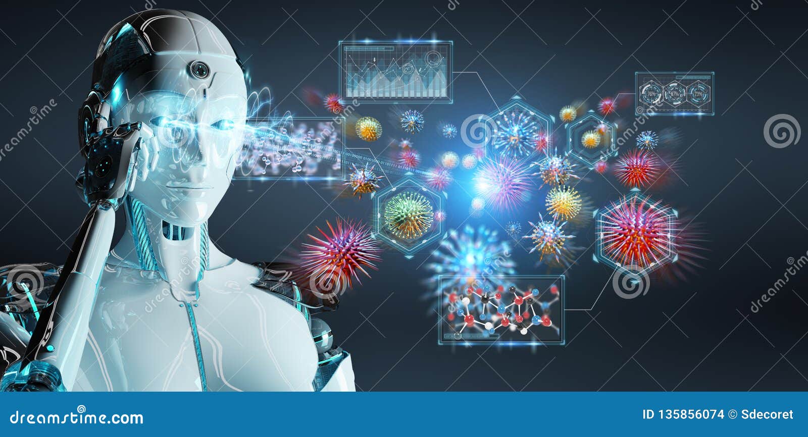 Cyborg Creating and Analyzing Nanovirus 3D Rendering Stock Illustration ...