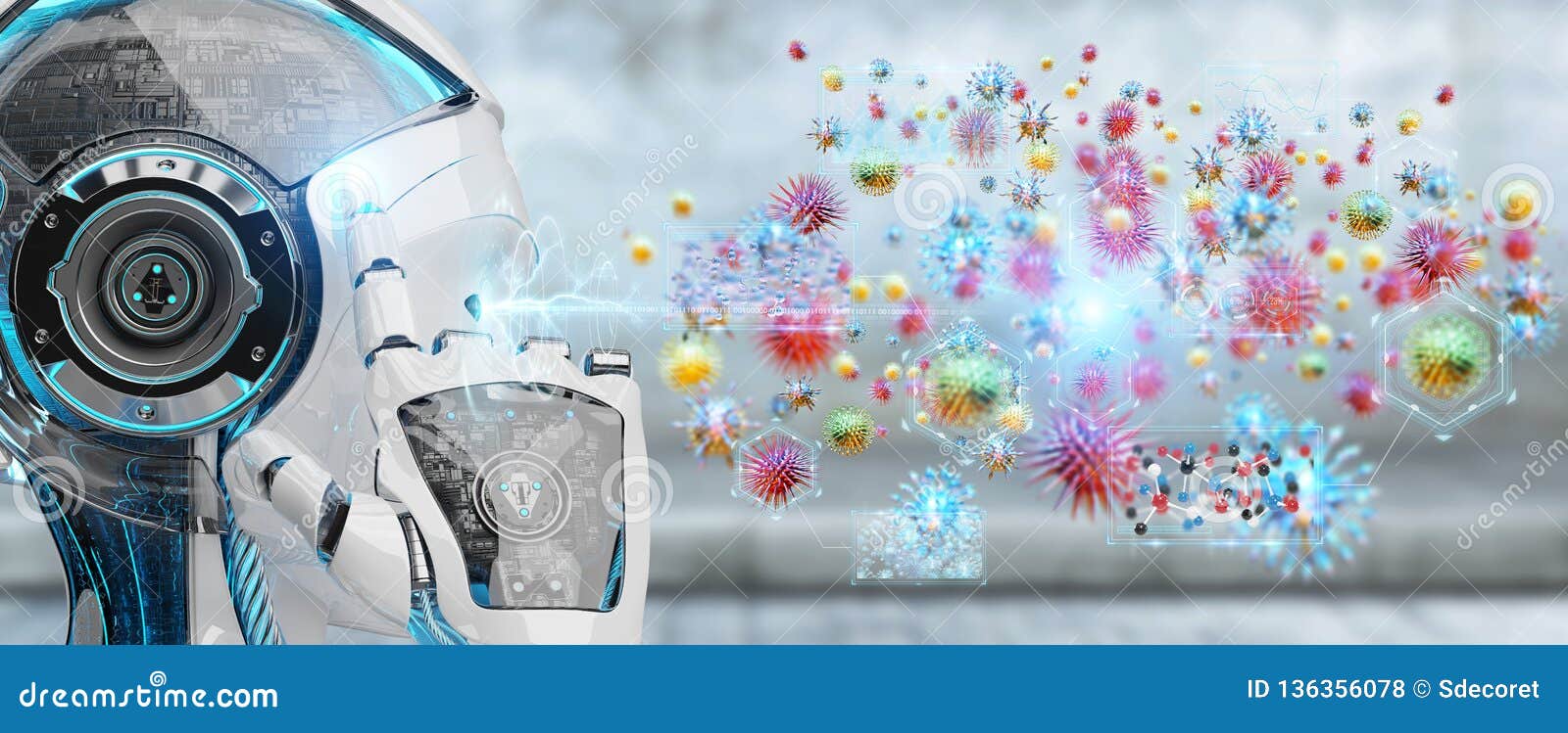 Cyborg Creating and Analyzing Nanovirus 3D Rendering Stock Illustration ...