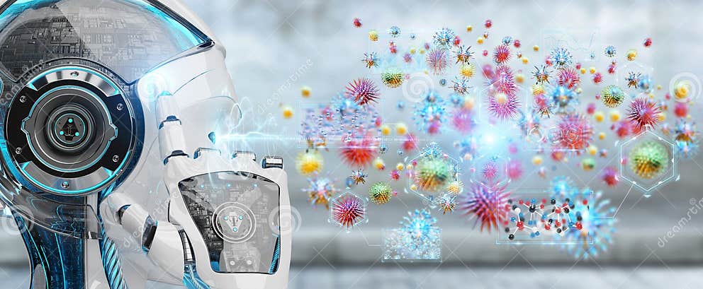 Cyborg Creating and Analyzing Nanovirus 3D Rendering Stock Illustration ...