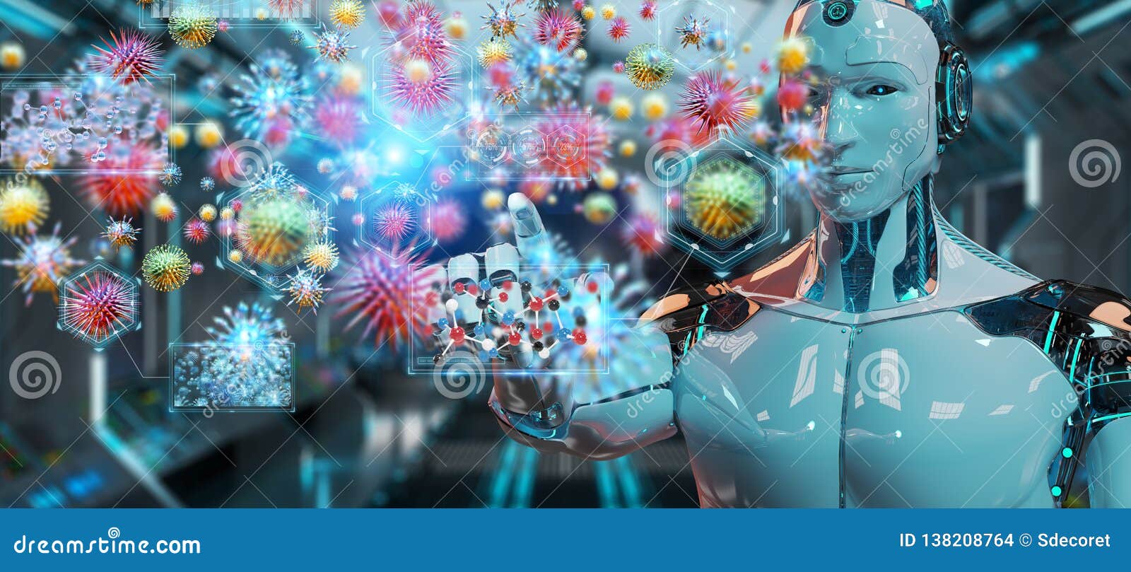 Cyborg Creating and Analyzing Nanovirus 3D Rendering Stock Illustration ...