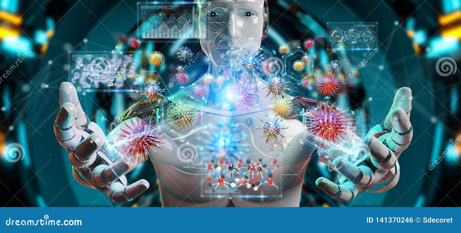 Cyborg Creating and Analyzing Nanovirus 3D Rendering Stock Illustration ...