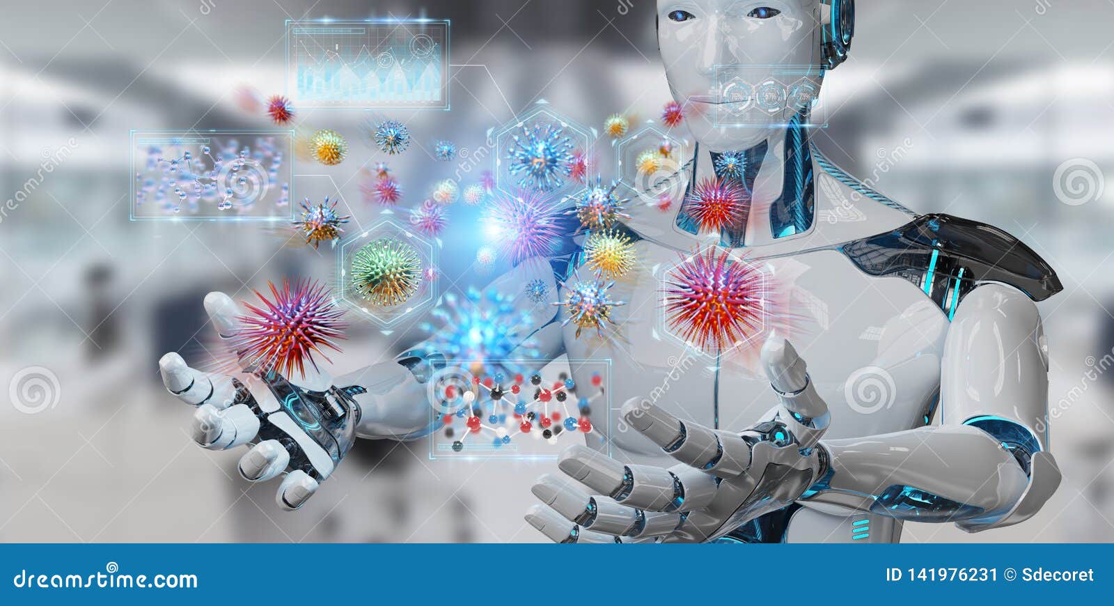 Cyborg Creating and Analyzing Nanovirus 3D Rendering Stock Illustration ...