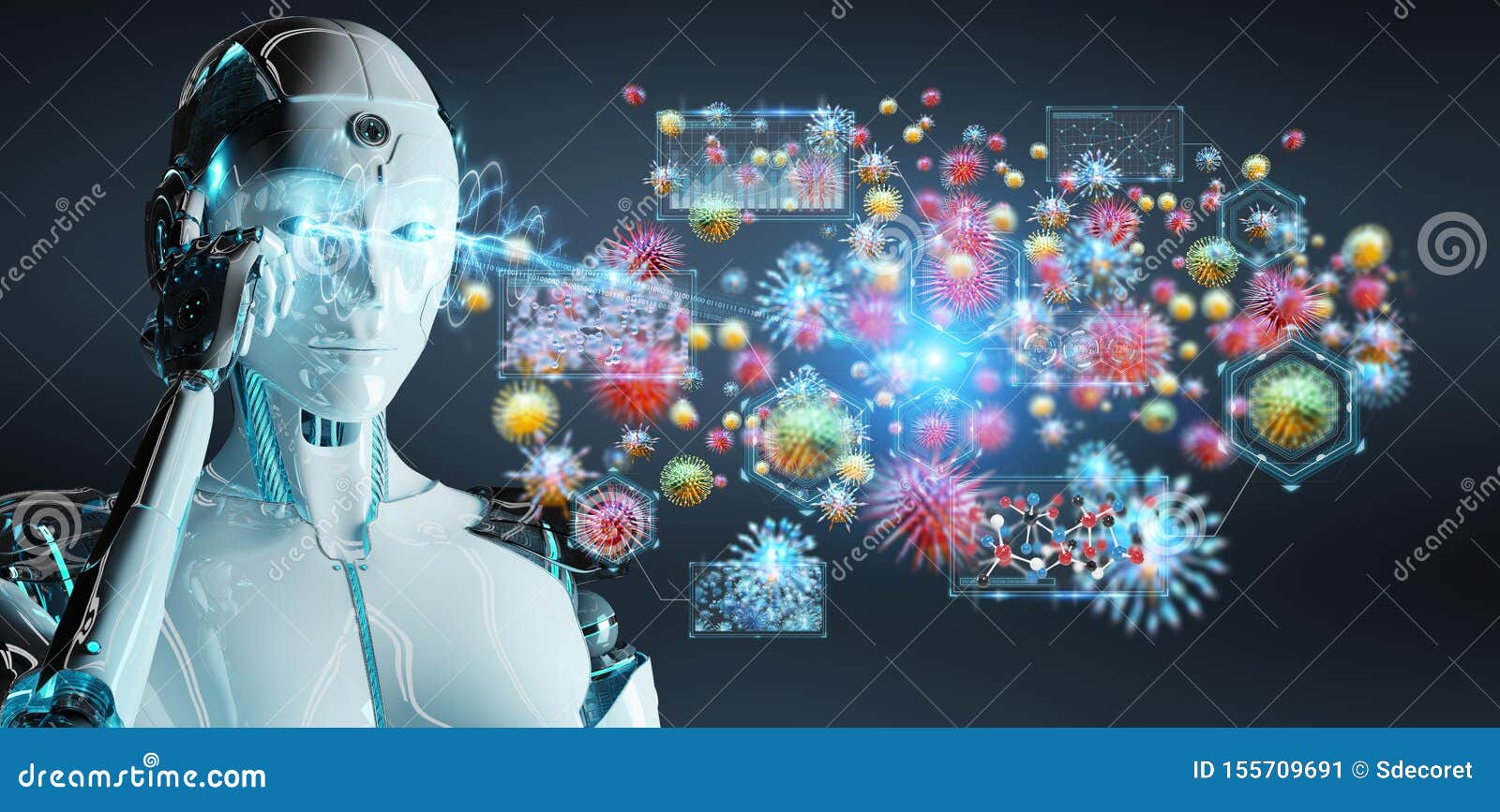 Cyborg Creating and Analyzing Nanovirus 3D Rendering Stock Illustration ...