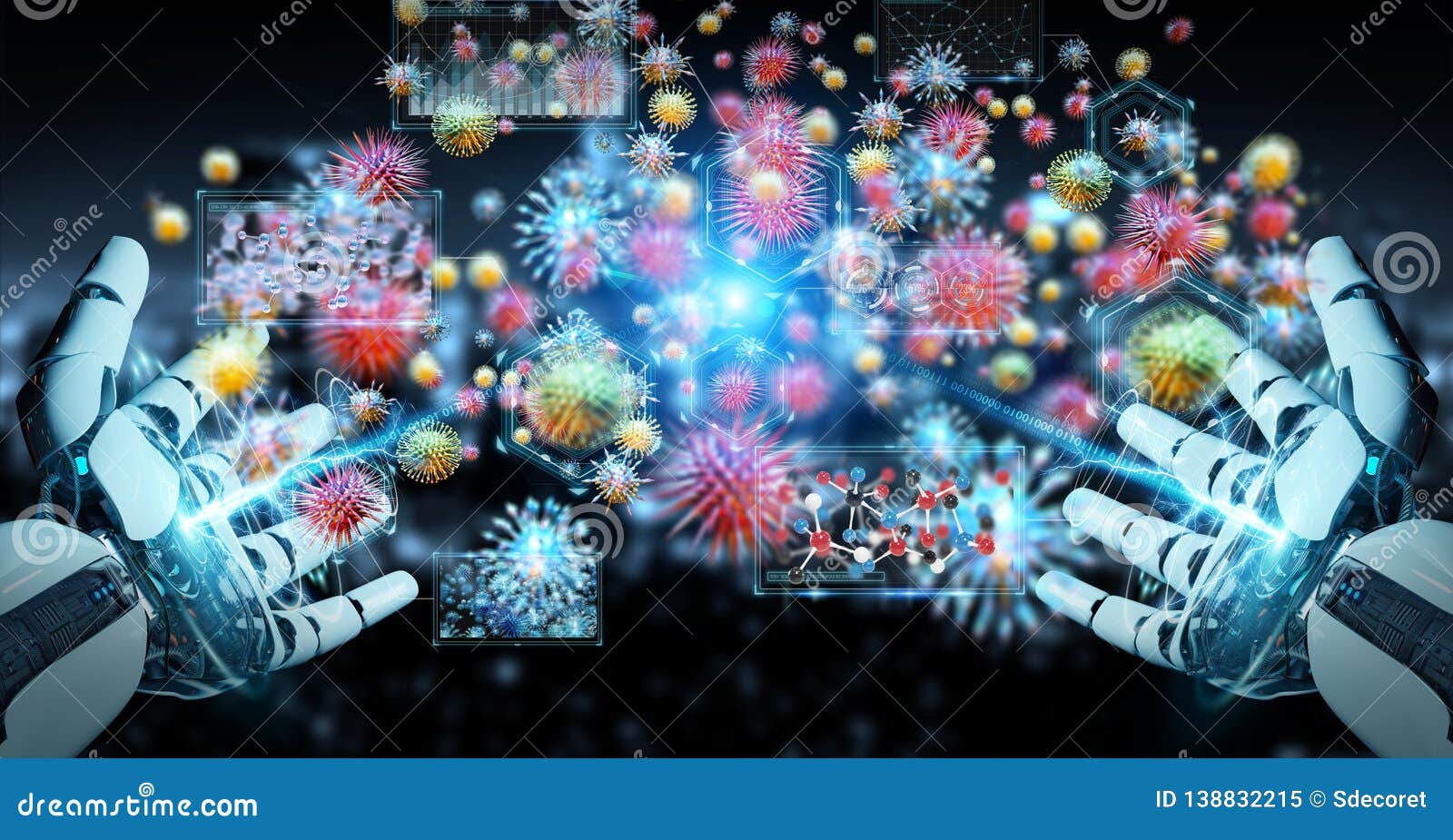 Cyborg Creating and Analyzing Nanovirus 3D Rendering Stock Illustration ...