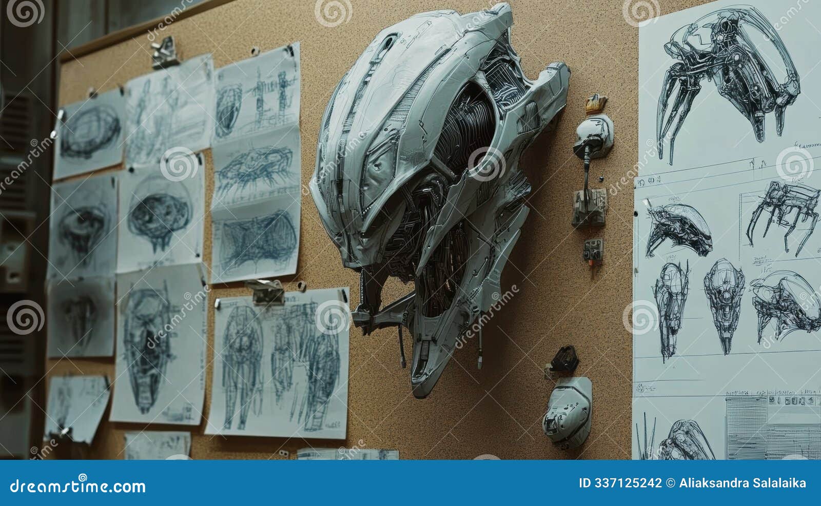 Cyborg Design Sketches on Corkboard in Artist Studio, Creative Concept ...