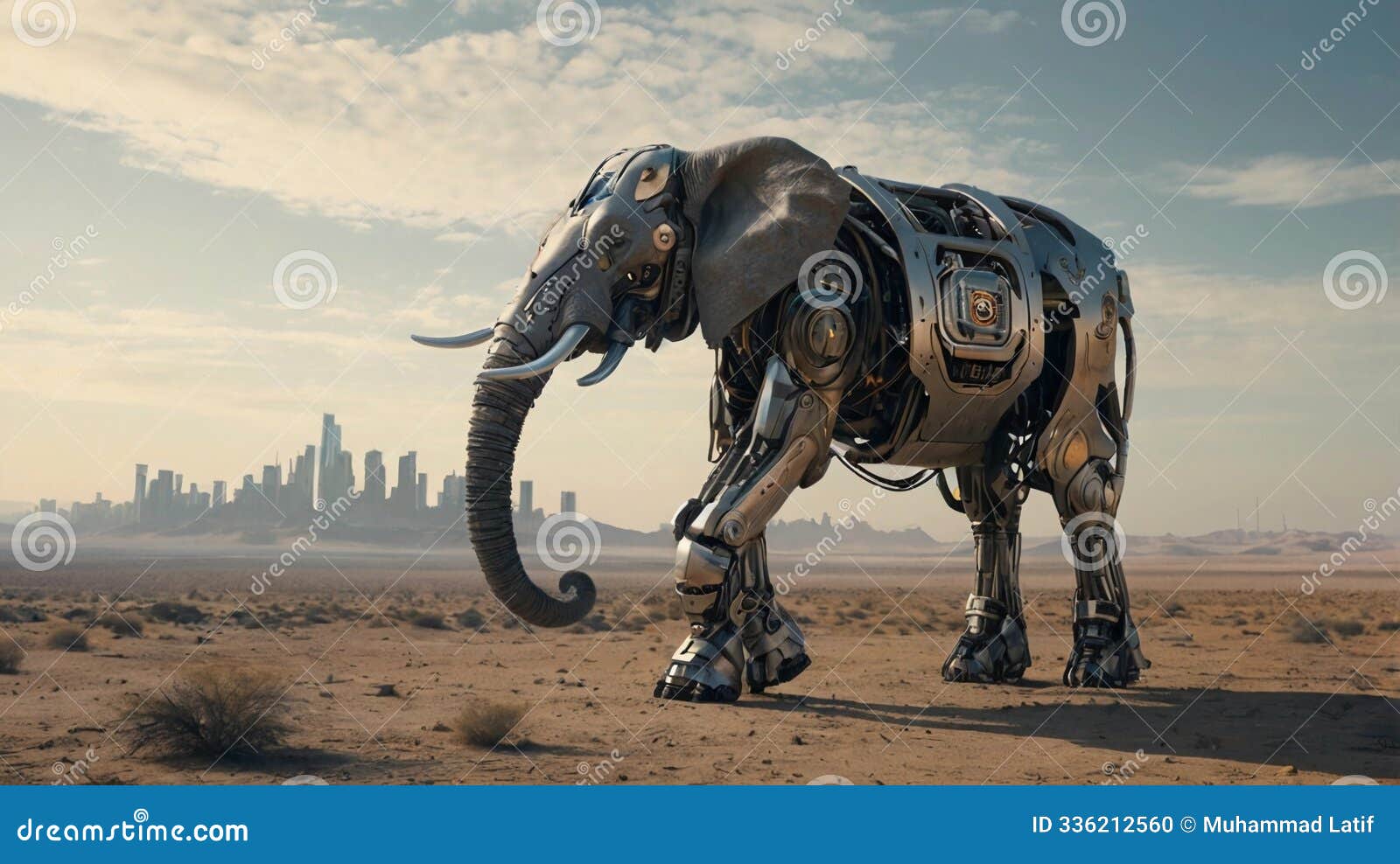 Cyborg Elephant with a Robotic Trunk and Mechanical Legs in the Desert ...