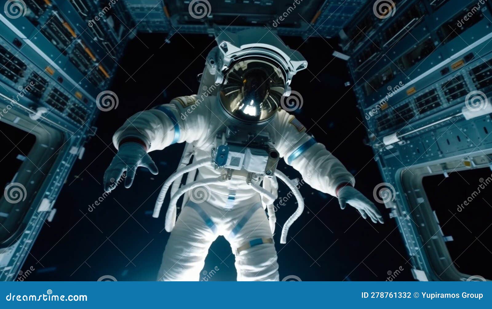 The Cyborg Engineer in a Dark Space Suit is Standing Confidently ...