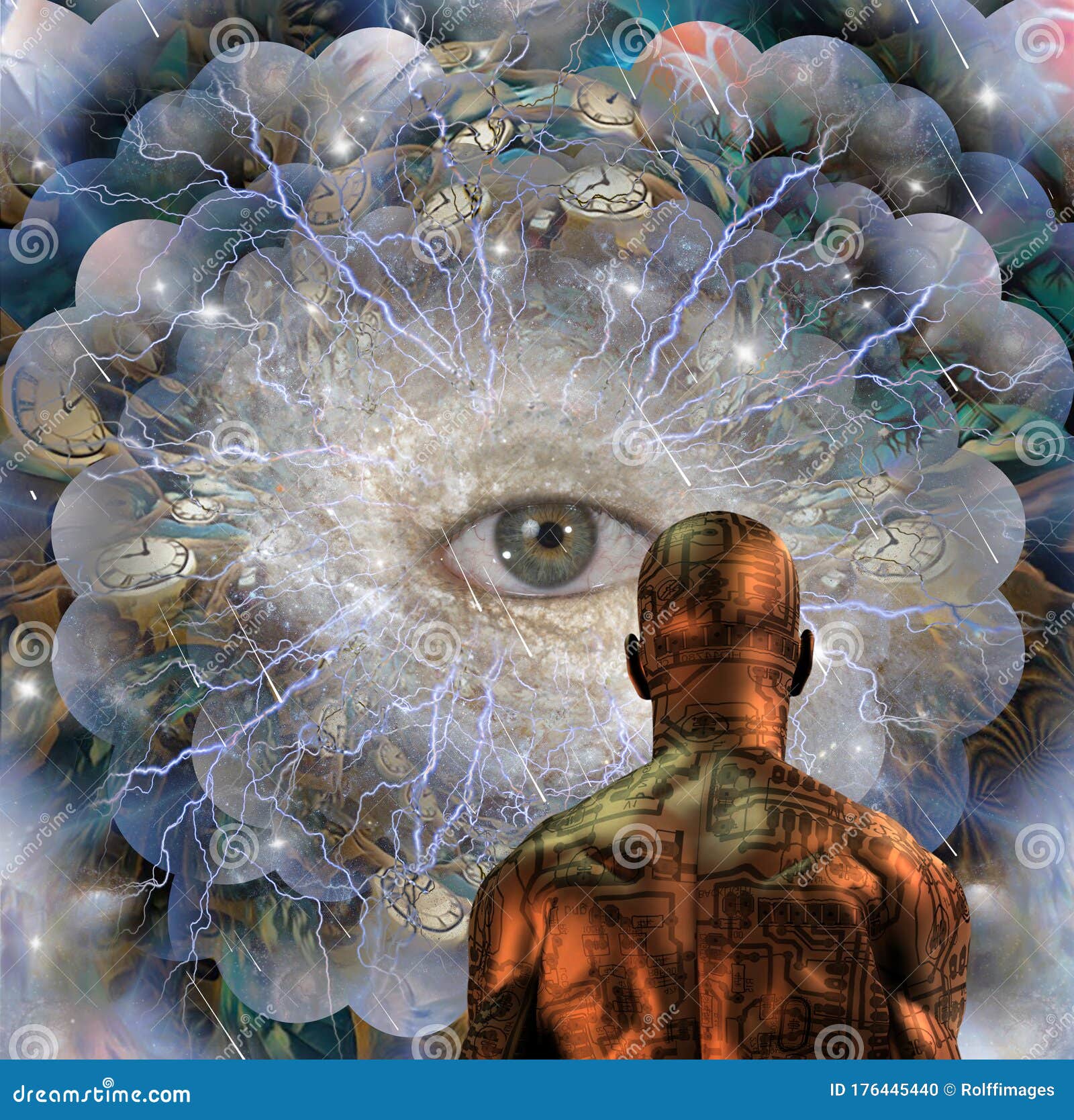 Cyborg before the Eye of Creator Stock Illustration - Illustration of ...