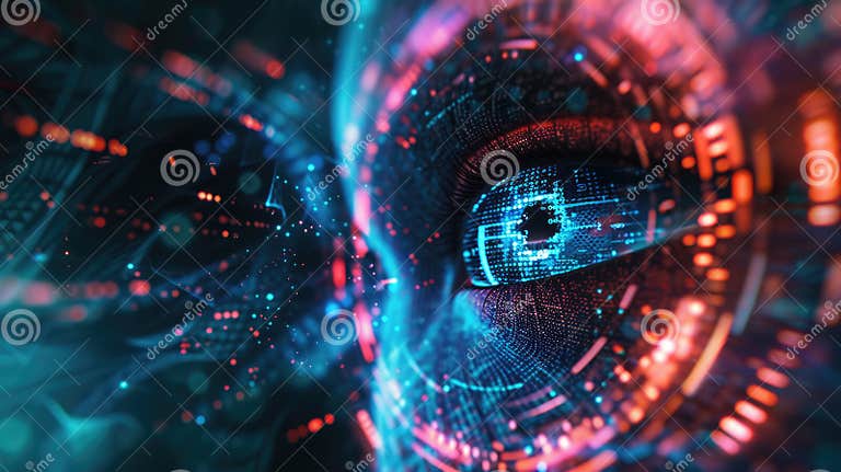 Cyborg Eye on Tech Background, Hacker or AI Robot and Digital Data ...