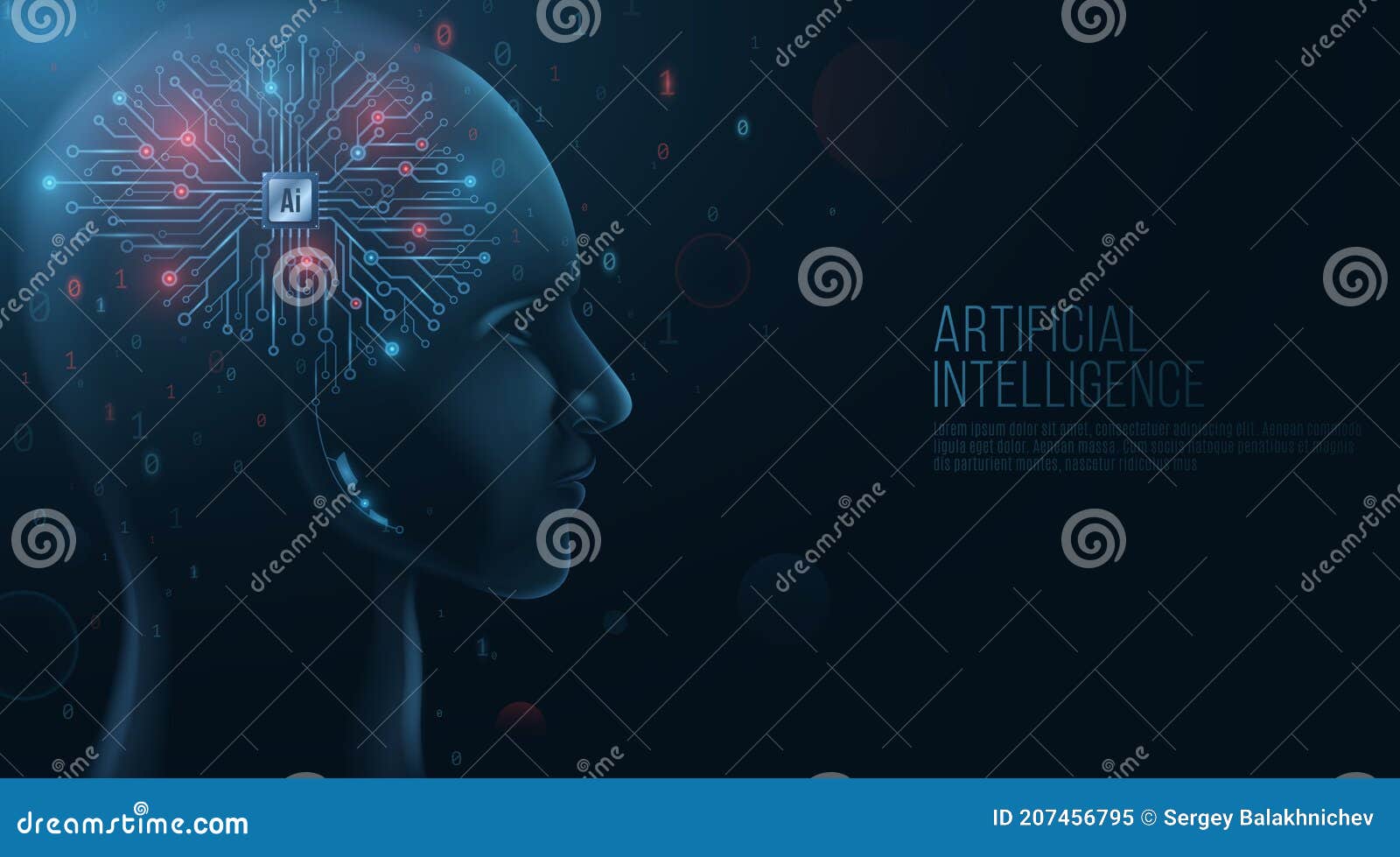 Cyborg Face Model. Futuristic Technological Brain. Computer Processor and Circuit Board. Binary ...