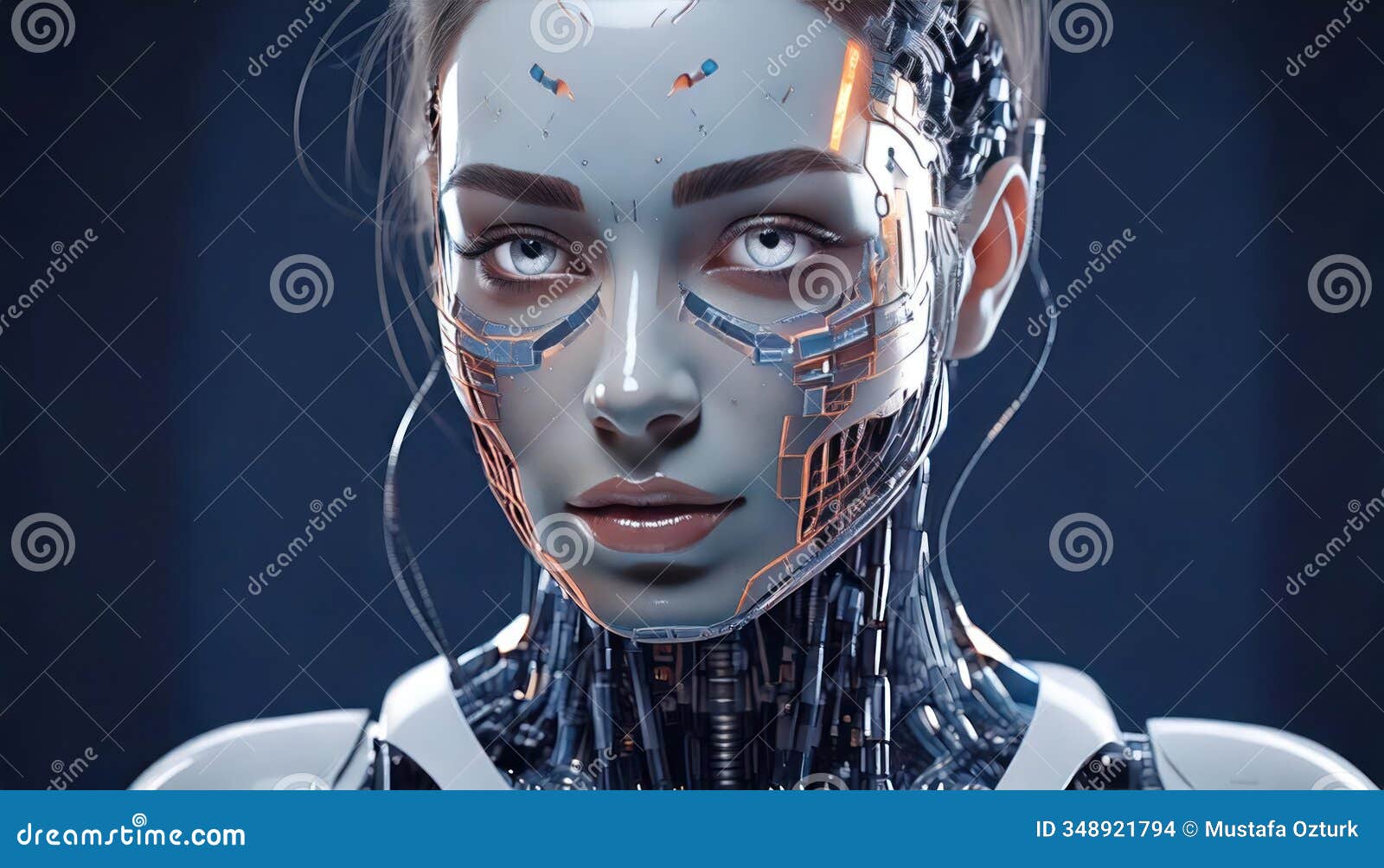 Cyborg Female Robot Front Face, Artificial Intelligence Concept. Stock ...