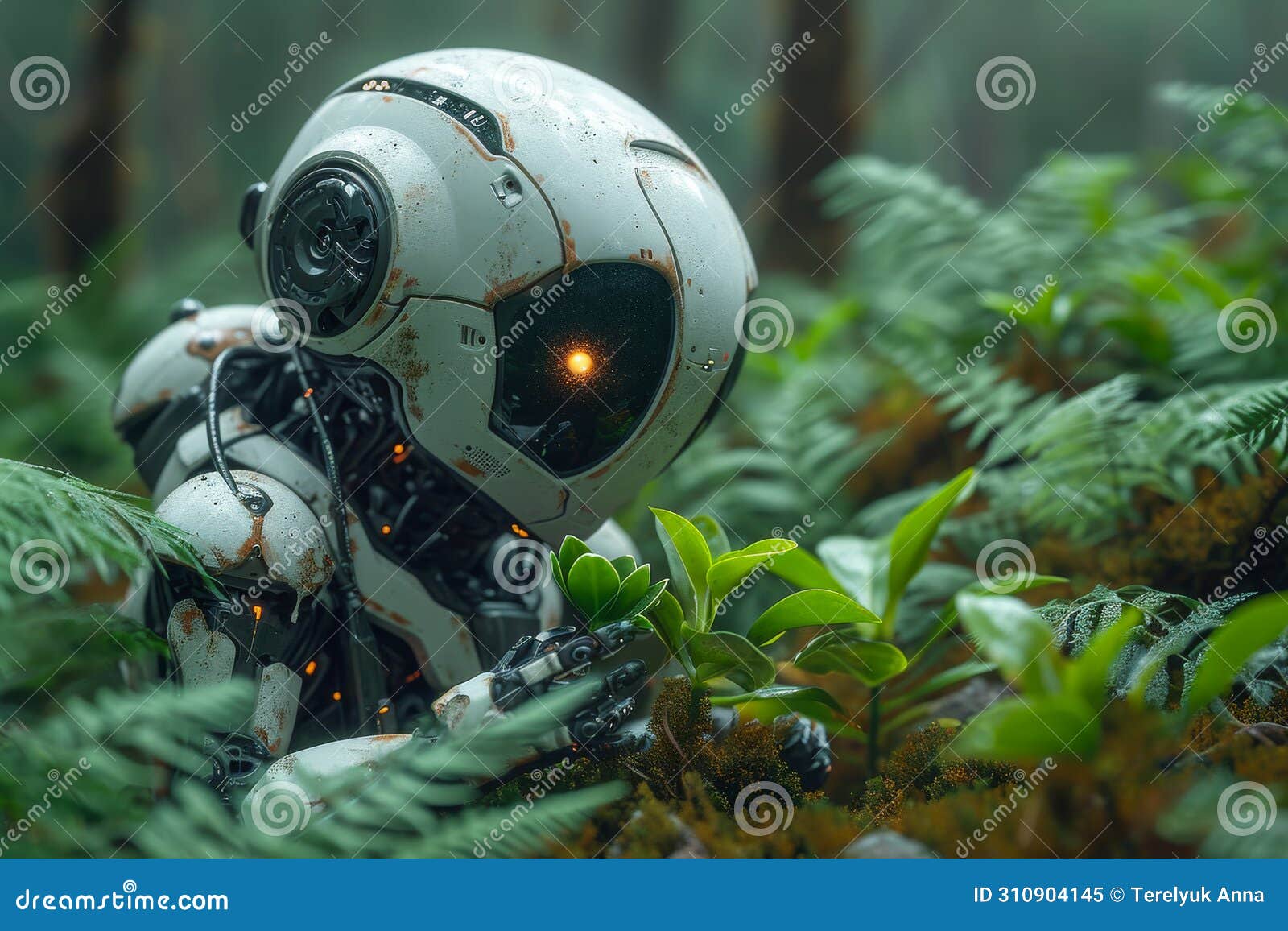 Cyborg in Forest with Green Plants Artificial Intelligence and Robotics ...