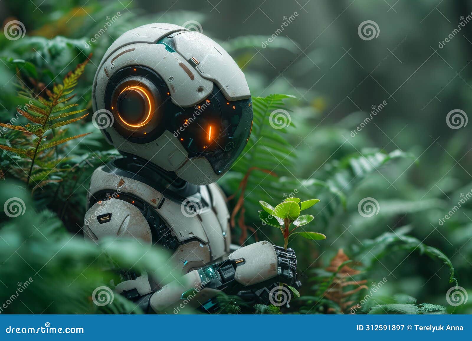 Cyborg in Forest Holding Plant. a Robot Looking at the Green Sprout ...