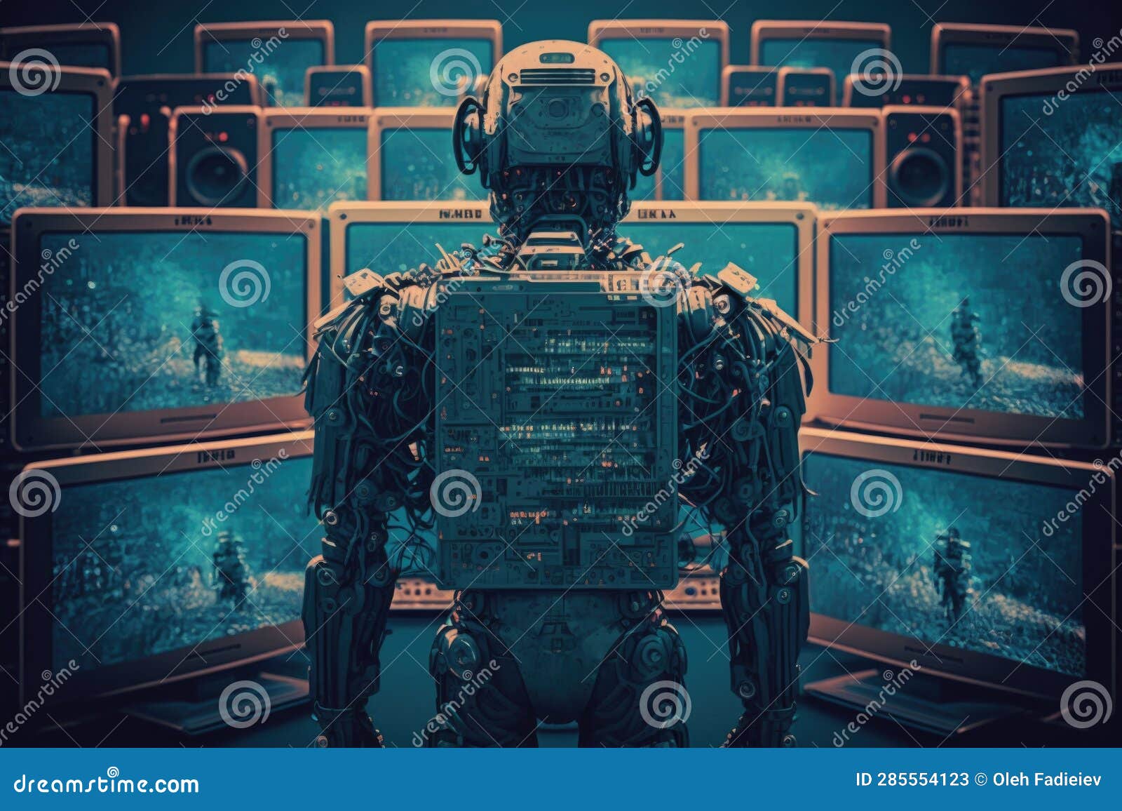 Cyborg in Front of Computer Screens Stock Illustration - Illustration ...