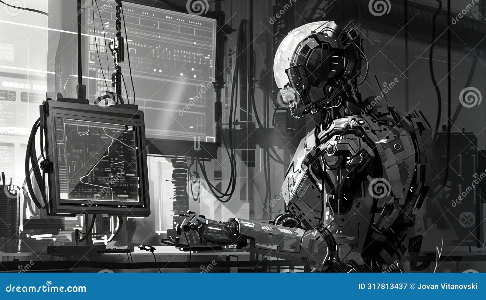Cyborg in a Futuristic Laboratory Analyzing Data on Screen Stock ...