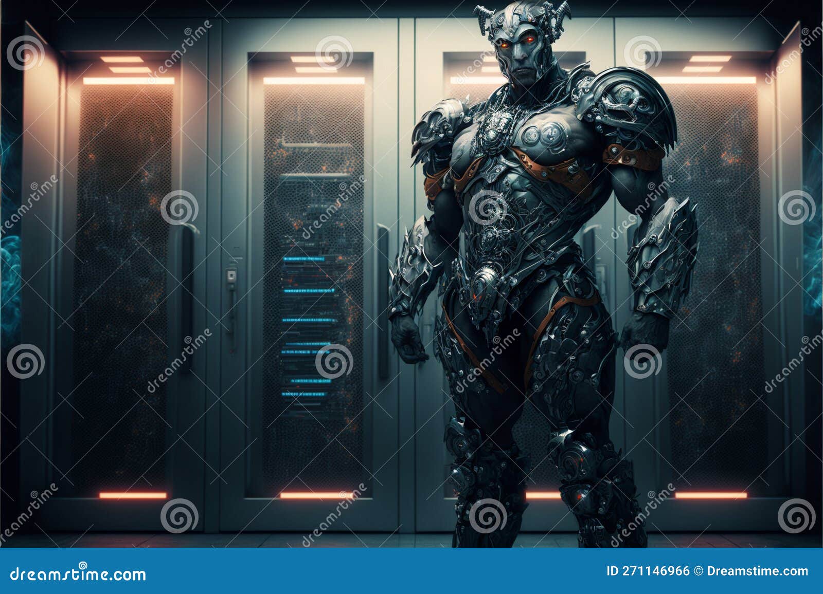 A Cyborg Guarding a Data Center Server Room Stock Illustration ...
