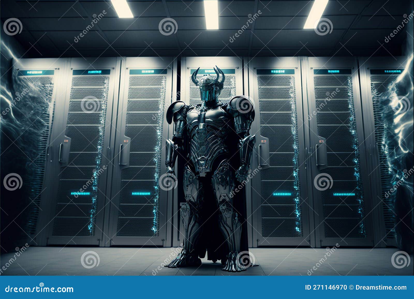 A Cyborg Guarding a Data Center Server Room Stock Illustration ...