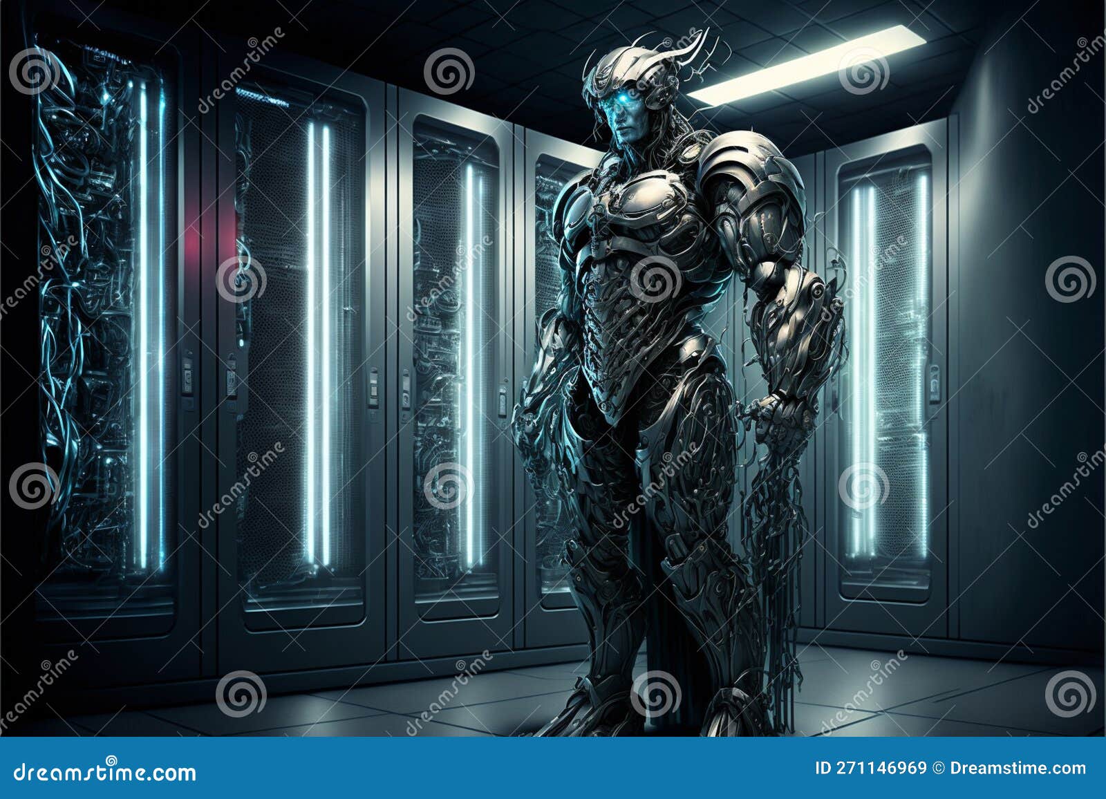 A Cyborg Guarding a Data Center Server Room Stock Illustration ...