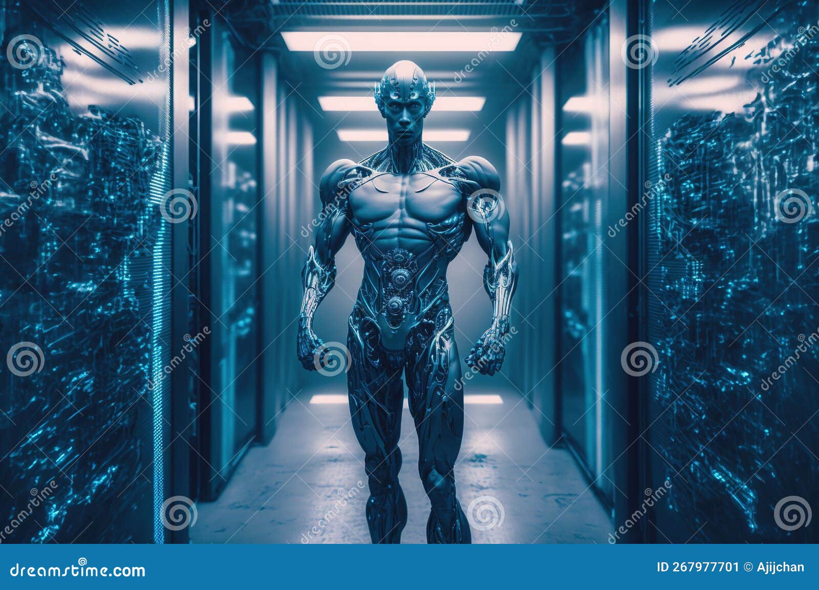 A Cyborg Guarding A Data Centre Server Room. Generative AI Stock ... A Cyborg Guarding A Data Centre Server Room. Generative AI Stock ...