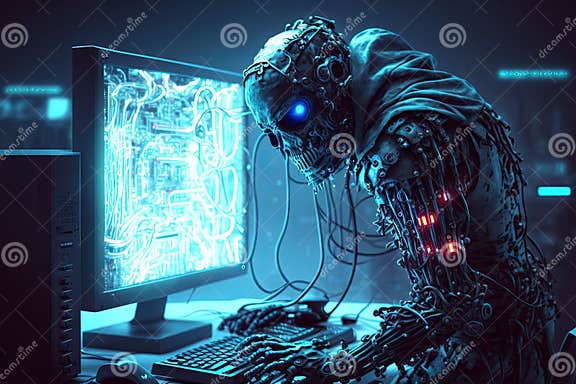 Cyborg Hacker Robot Hacks into a Computer. the Concept of Cybersecurity of the Future Stock ...