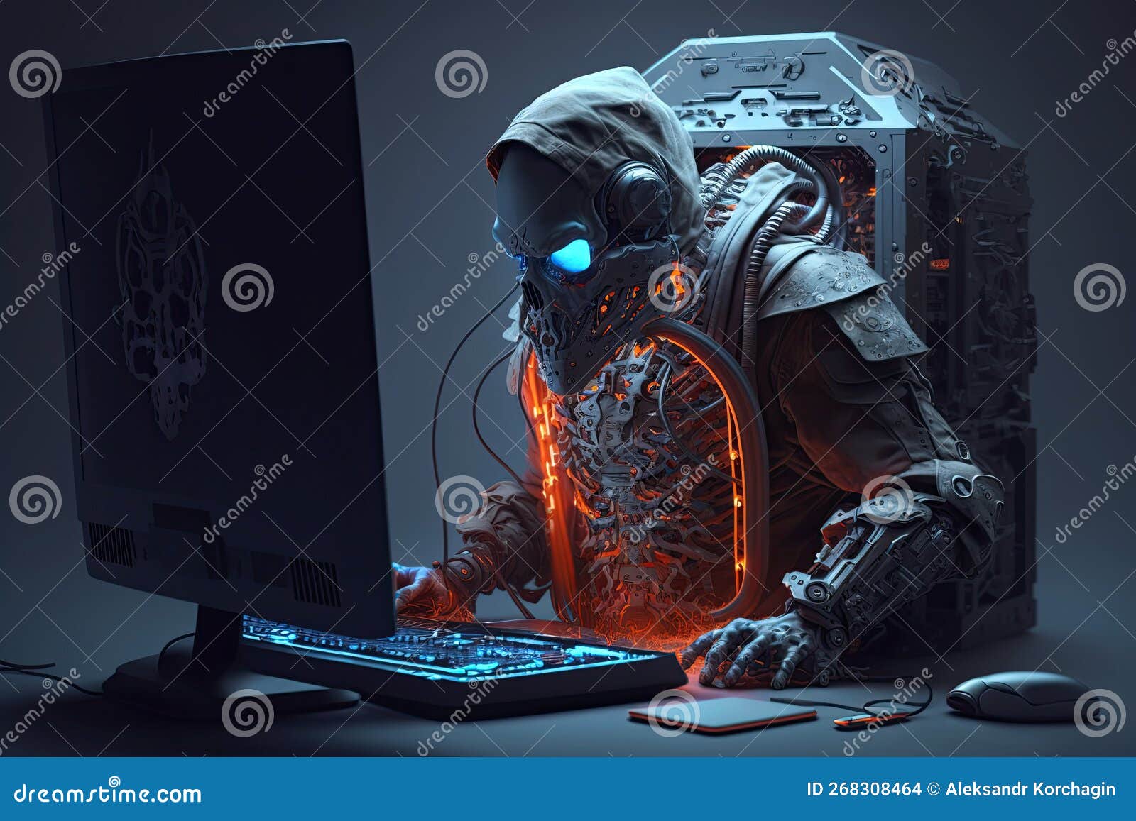 Cyborg Hacker Robot Works at a Computer in Front of a Monitor. Concept ... Cyborg Hacker Robot Works at a Computer in Front of a Monitor. Concept ...