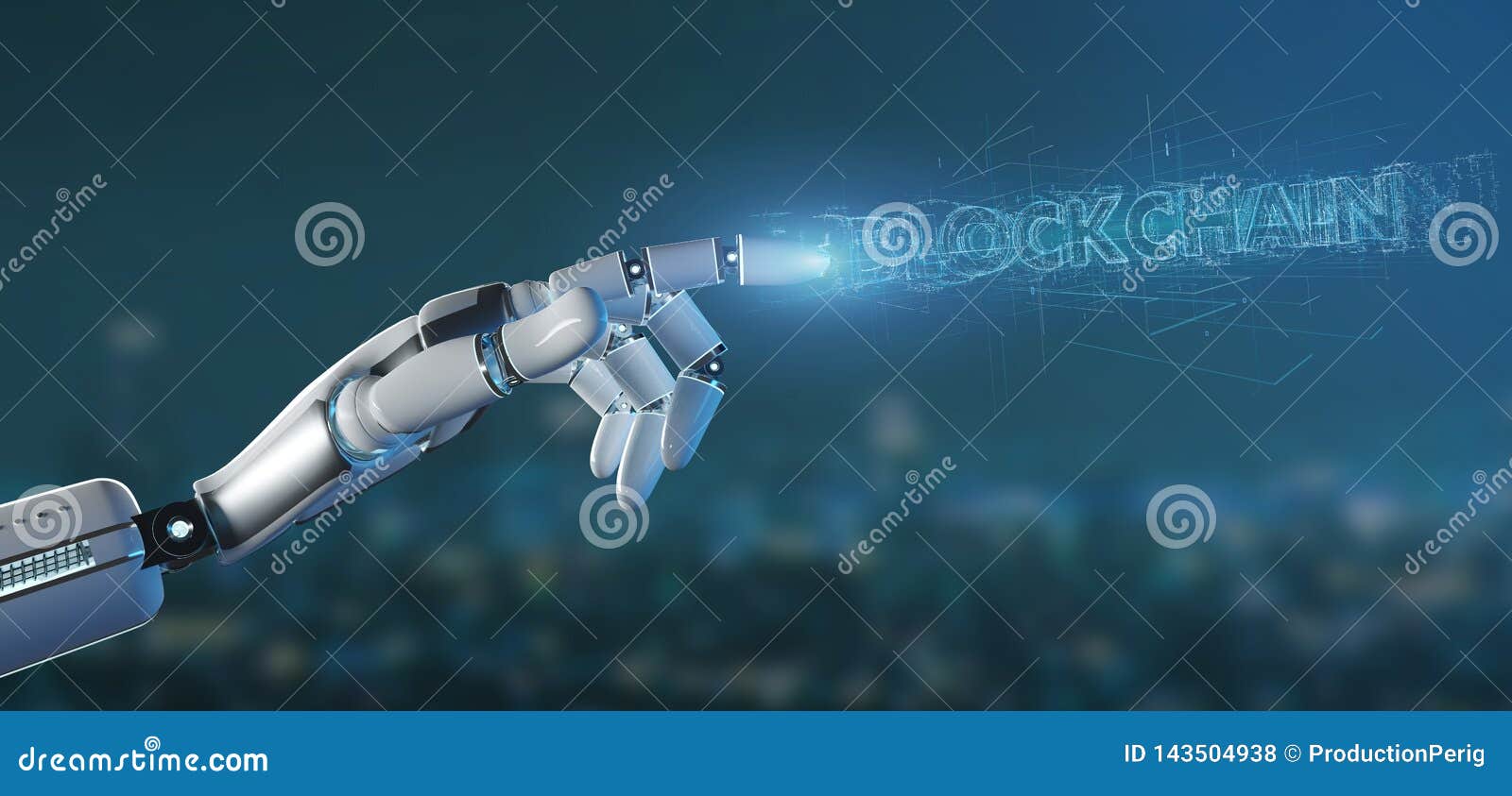 Cyborg Hand Holding a Blockchain Title 3d Rendering Stock Illustration ...
