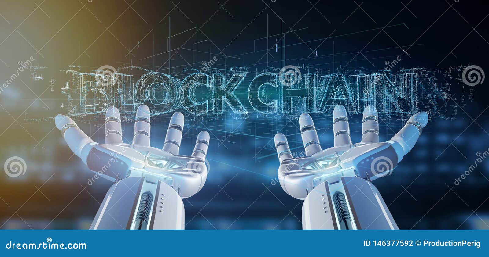 Cyborg Hand Holding a Blockchain Title 3d Rendering Stock Illustration ...