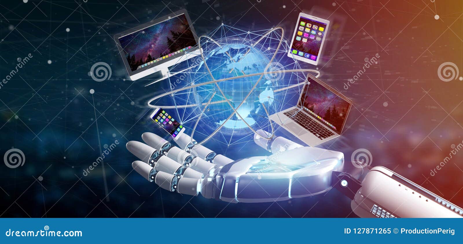 Cyborg Hand Holding a Computer and Devices Displayed on a Futuristic ...