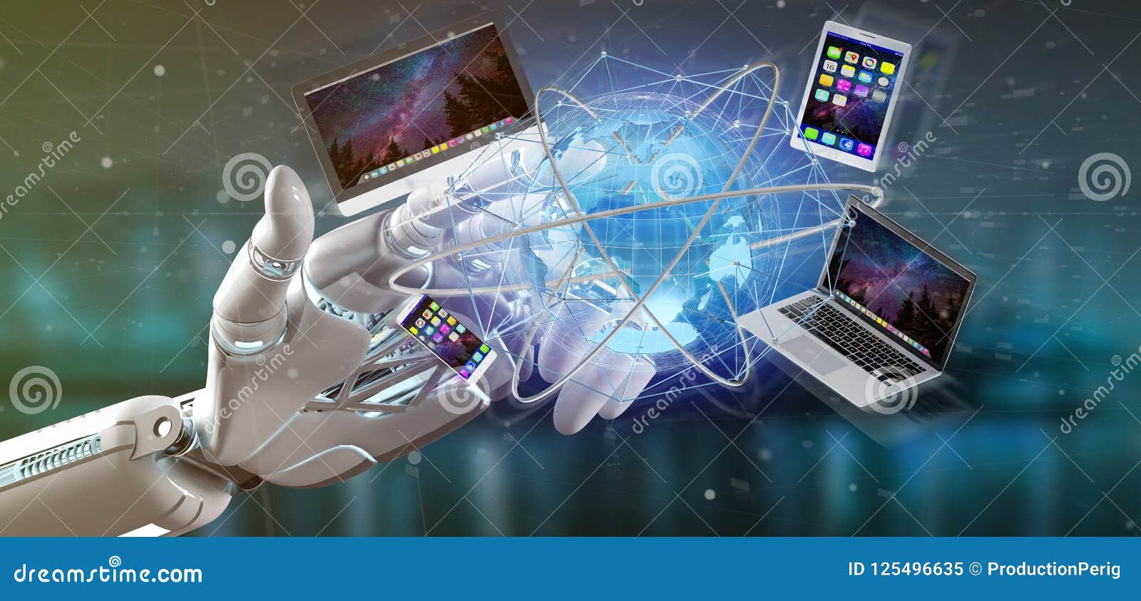 Cyborg Hand Holding a Computer and Devices Displayed on a Futuristic ...