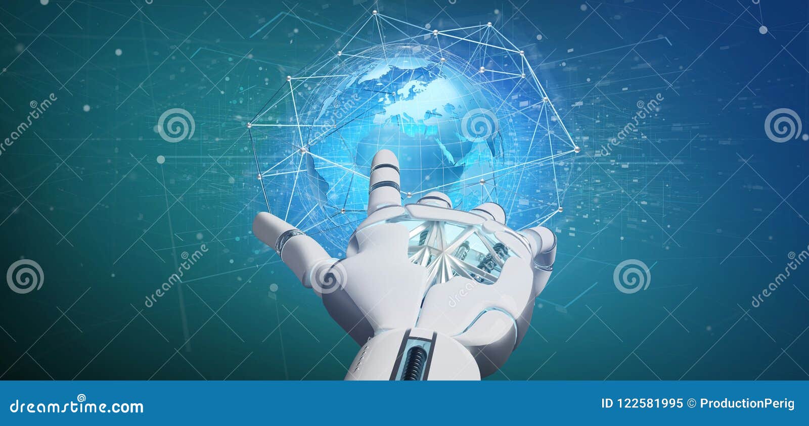 Cyborg Hand Holding a Connected Network Over a Earth Globe Concept on a ...