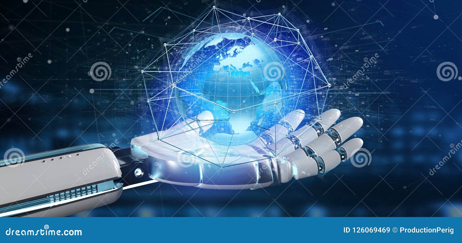 Cyborg Hand Holding a Connected Network Over a Earth Globe Concept on a ...