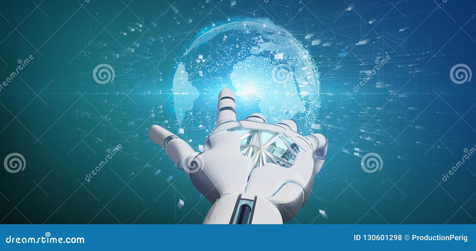 Cyborg Hand Holding a Connection Around a World Globe 3d Rendering ...