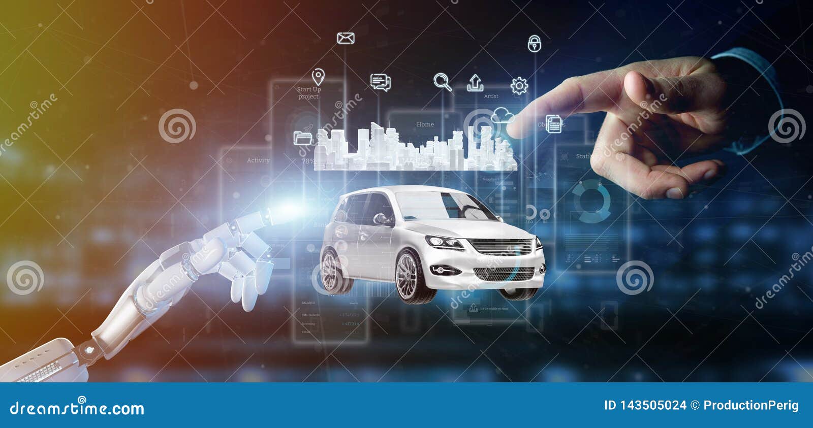 Cyborg Hand Holding Dashboard Smartcar Interface With Multimedia Icon ...