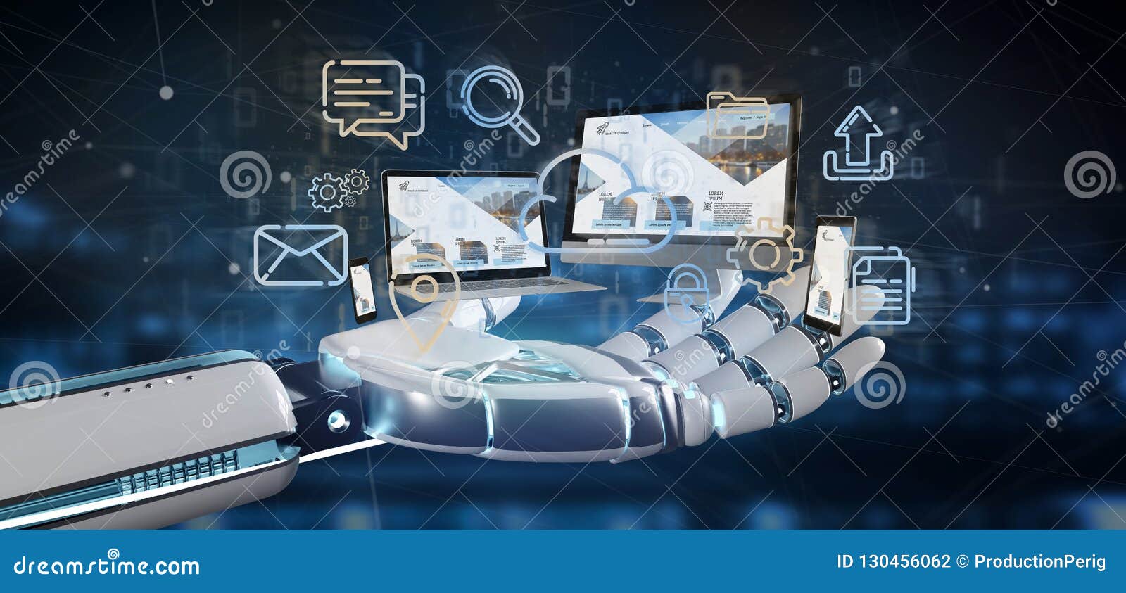 Cyborg Hand Holding a Devices Connected To a Cloud Multimedia Ne Stock ...