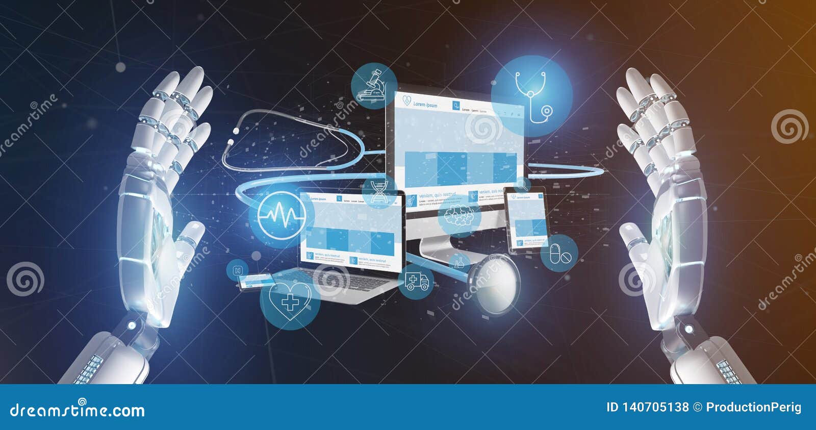 Cyborg Hand Holding Devices with Medical Icon and Stethoscope 3d ...