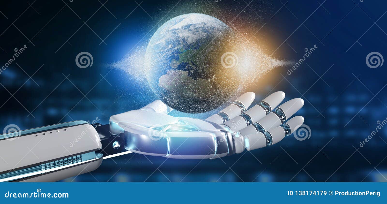 Cyborg Hand Holding a Earth Globle Particles 3d Rendering Stock ...