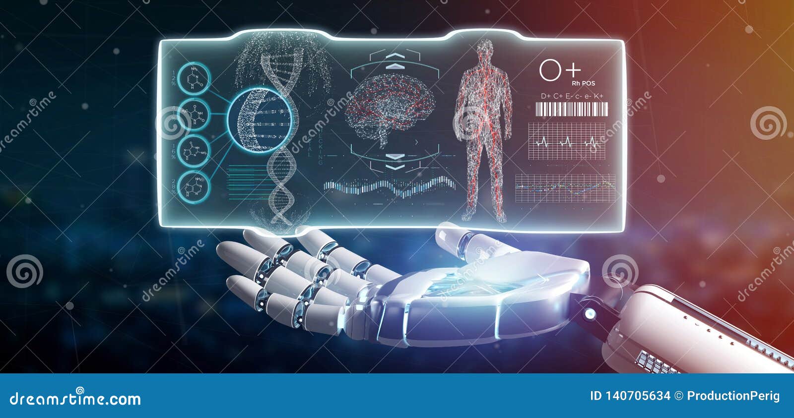 Cyborg Hand Holding a Futuristic Template Medical Interface Hud 3d ...