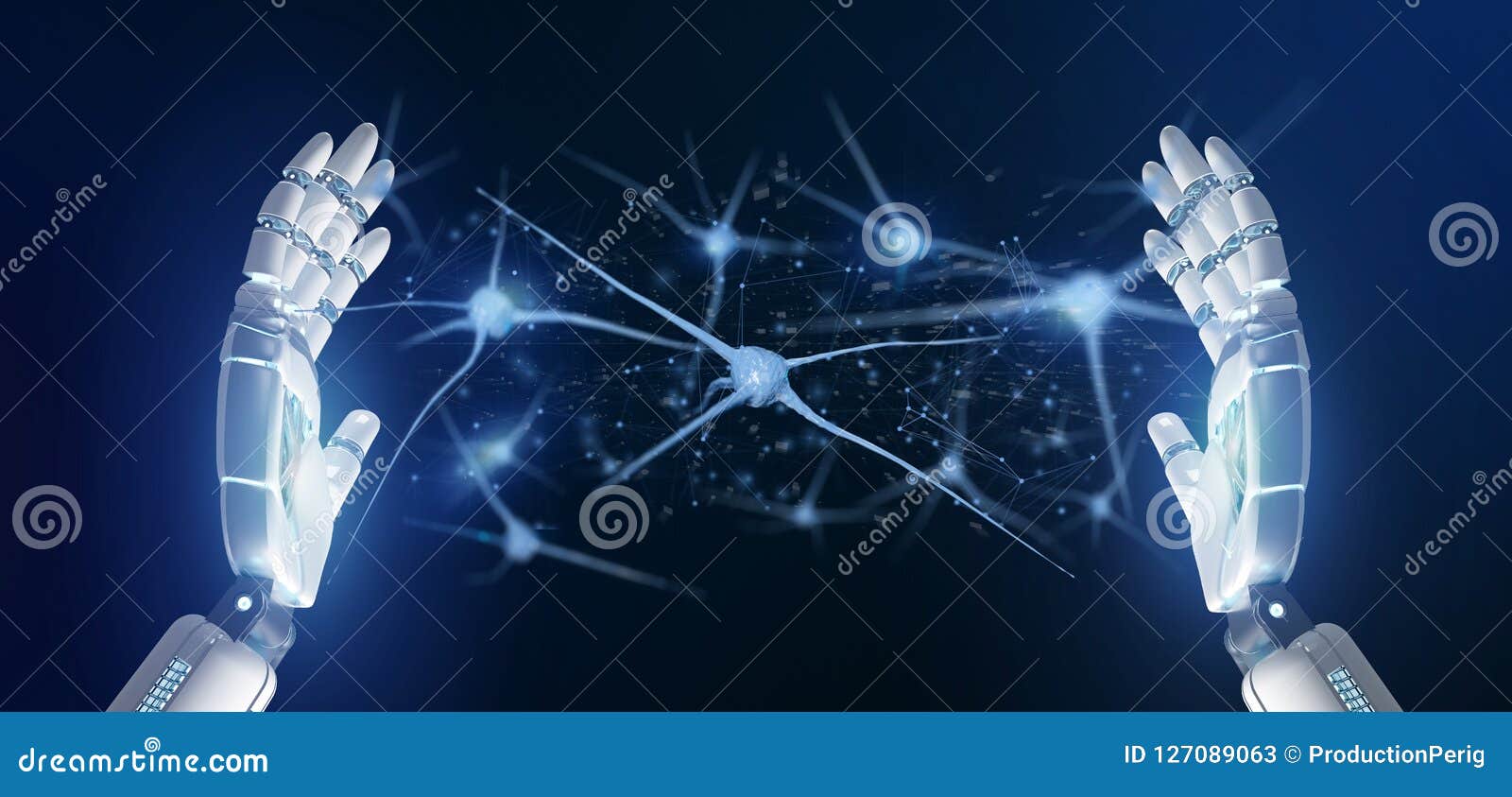 Cyborg Hand Holding a Group of Neuron 3d Rendering Stock Illustration ...