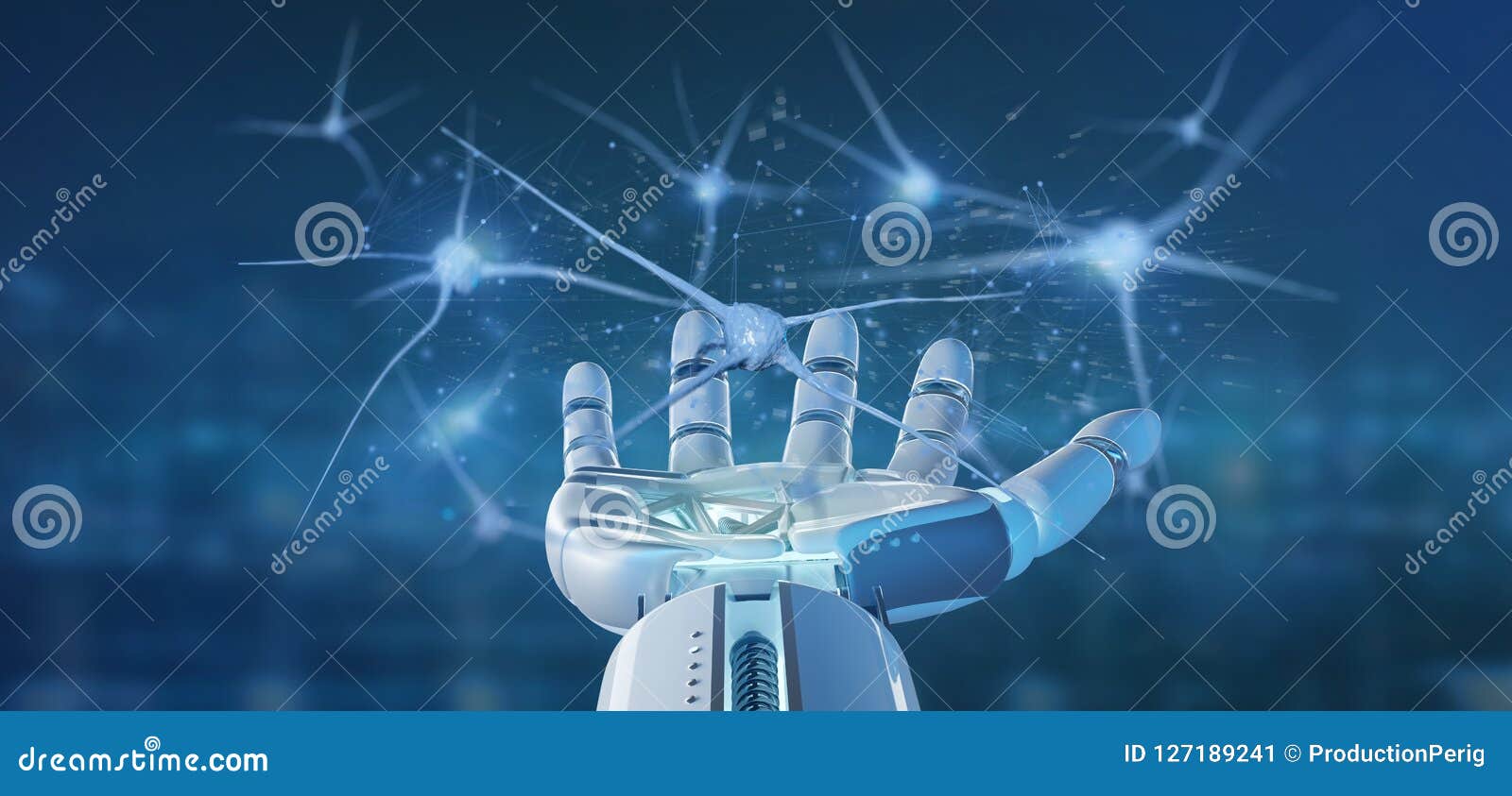 Cyborg Hand Holding A Ocal Search System With Button And Icon 3d ...